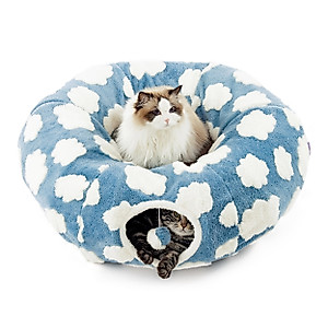 Lesure Cat Tunnel Bed for Indoor Cats - Cute Cat Donut Tunnel with Washable Circle Cushion, Round Pet Play Tunnel Toy for Kitten/Puppy/Rabbit,Blue