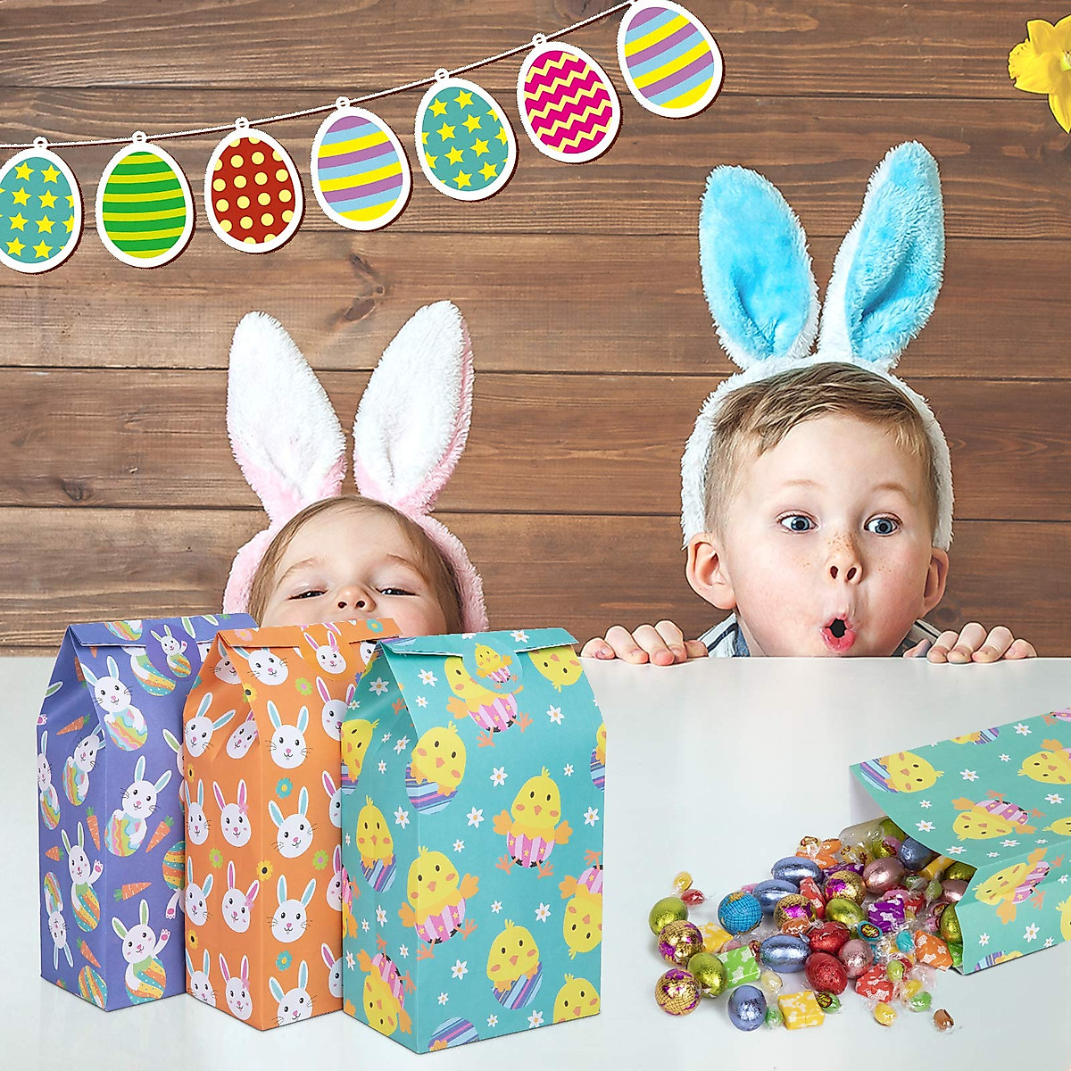 DECORLIFE 24PCS Easter Treat Bags, Easter Goodie Bags for Kids, Paper Bag Bulk for Candy, Gift, Party Favors, Eggs/Chicks/Bunny Printing with 24PCS Stickers Included