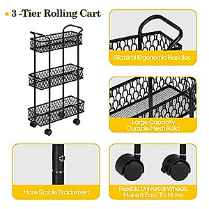 Slim Rolling Storage Cart, 3 Tier Bathroom Organizer Mobile Shelving Unit, Mobile Shelving Unit Cart with Handle and Lockable Wheels for Bathroom,Laundry,Living Room,Kitchen (Black)