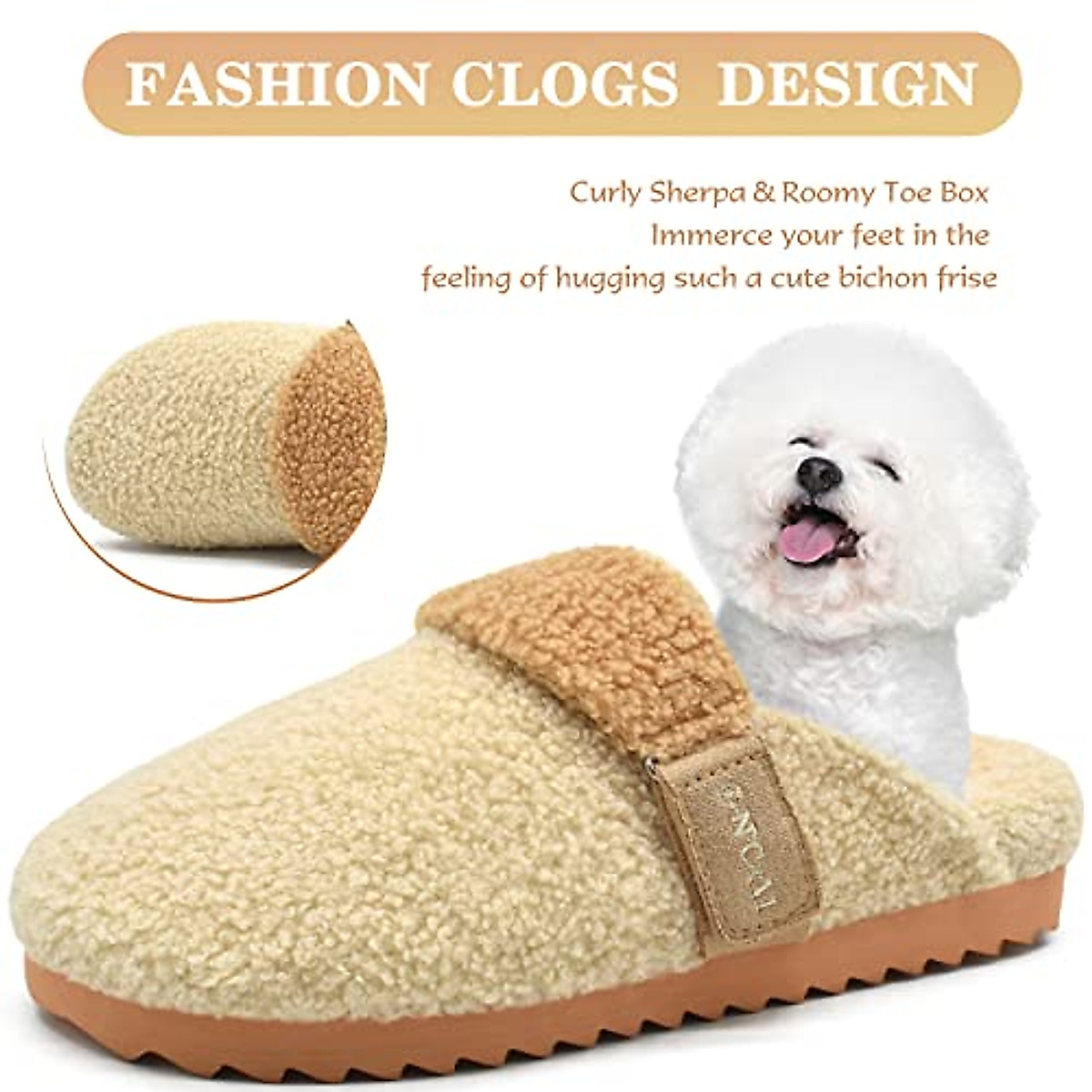 ONCAI Womens Fluff Slippers,Cute Sherpa Faux Fur Scuff Garden Slip on House Slippers with Polar Fleece Lining Memory Foam Footbed and Indoor/Outdoor Rubber Hard Soles Beige US Size 11