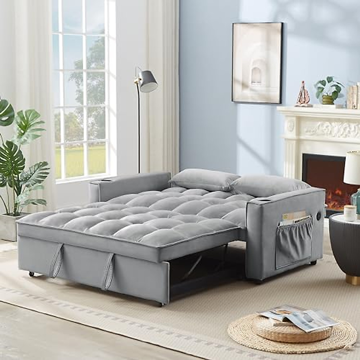 Convertible Loveseat Futon Sofa Couch with Pull-Out Sleeper,Recliner Lounge Sofá Bed Chair,Love Seat Sofabed w/Adjustable Reclining Backrests,USB Ports&Cup Holders for Living Room,Full Size