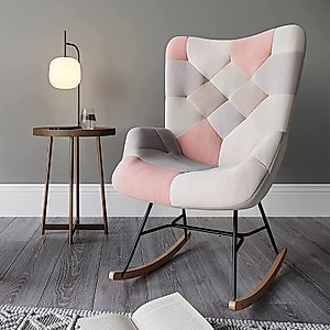 BELLEZE Colorful Patchwork Rocking Chair, Widen Nursery Rocking Chairs Comfy Linen Upholstered Glider Rocker with Solid Wood Legs for Living Room Bedroom Nursery - Paramount (Patchwork B)