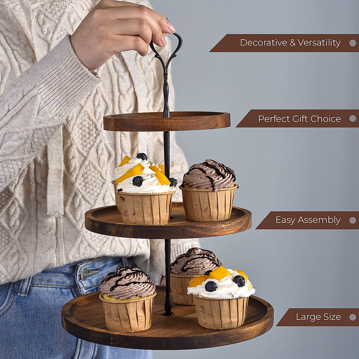Earthyme 3 Tiered Serving Tray Stand - Rustic Wooden Tiered Cupcake Stand for Fruit and Sweets Display - Easy Assembly Decorative Tiered Tray for Home, Catering, Fruit and Sweets Display