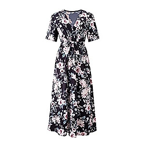 WYTong Women Boho Dresses Short Sleeve Deep V-Neck Casual Dress Pleated Waist Maxi Dress With Belt(Navy,Small)