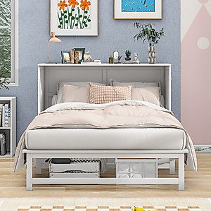 Queen Size Murphy Bed with Charging Station and Storage Shelf, Wood Queen Platform Bed Frame with usb Port, Queen Murphy Bed for Bedroom, No Box Spring Needed, Noise Free (White)