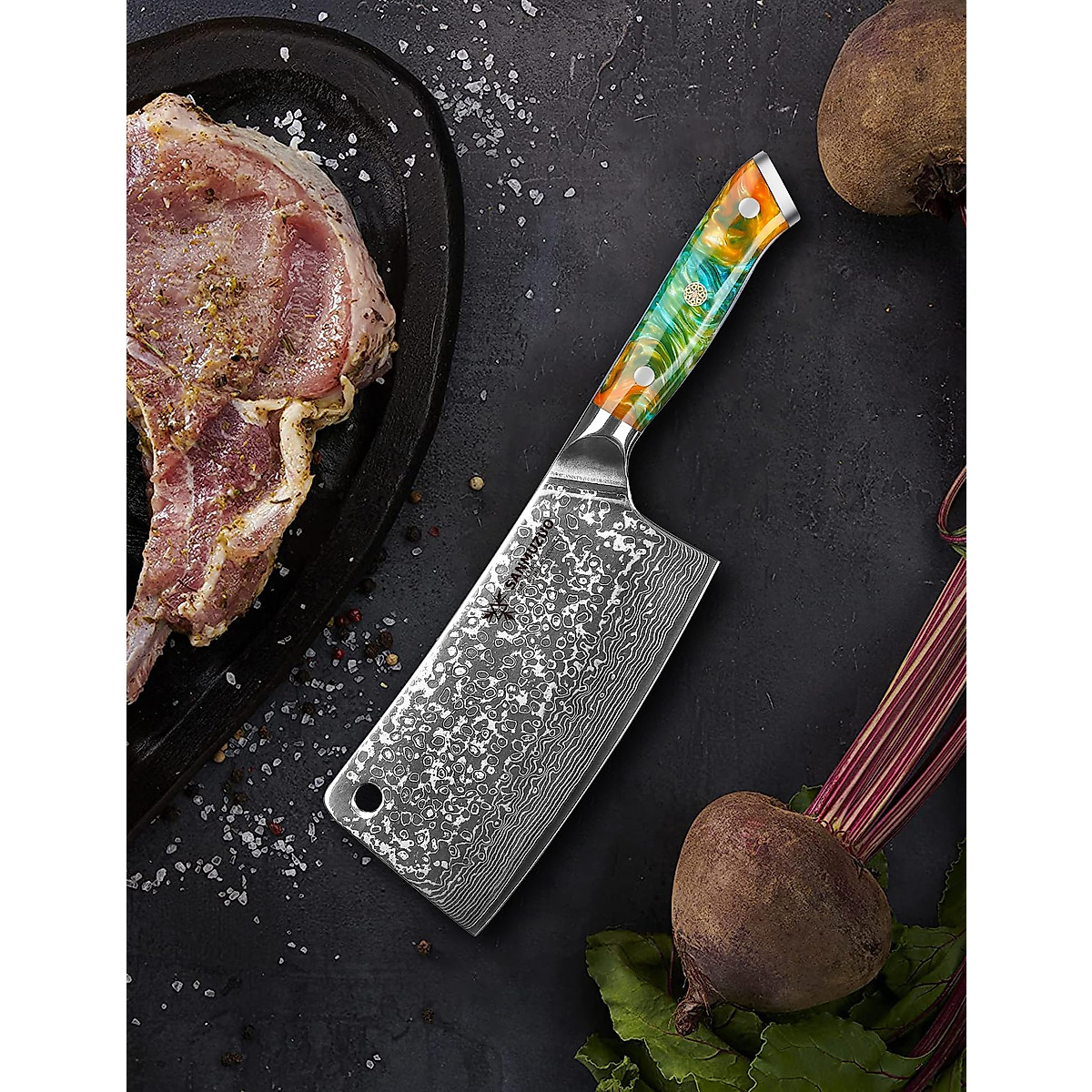 SANMUZUO Chopping Knife - 7 inch Cleaver Knife- Xuan Series - VG10 Damascus Steel Kitchen Knife - Resin Handle (Fantasy Orange)
