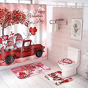 4 Pieces Happy Valentine's Day Shower Curtain Set with Non Slip Rugs Toilet Lid Cover Bath Mat U Shaped Mat Bathroom Gnomes Curtain with 12 Hooks Red Truck Waterproof Shower Curtain Valentines Decor