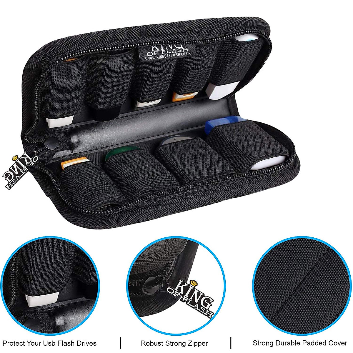 King of Flash 9 x USB Flash Drives Carrying Case with Premium Quality Padded Protection for Flash/Key Drives - Black