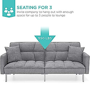 Best Choice Products Convertible Linen Fabric Tufted Split-Back Plush Futon Sofa Furniture for Living Room, Apartment, Bonus Room, Overnight Guests w/ 2 Pillows, Wood Frame, Metal Legs - Dark Gray