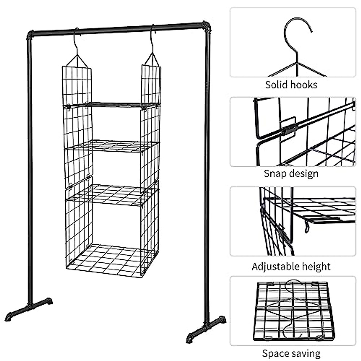 Chemailon Metal Wire Hanging Closet Organizer 4-Shelf Wardrobe Storage for Clothes, Shoes, and Handbags, Adjustable Height, Black