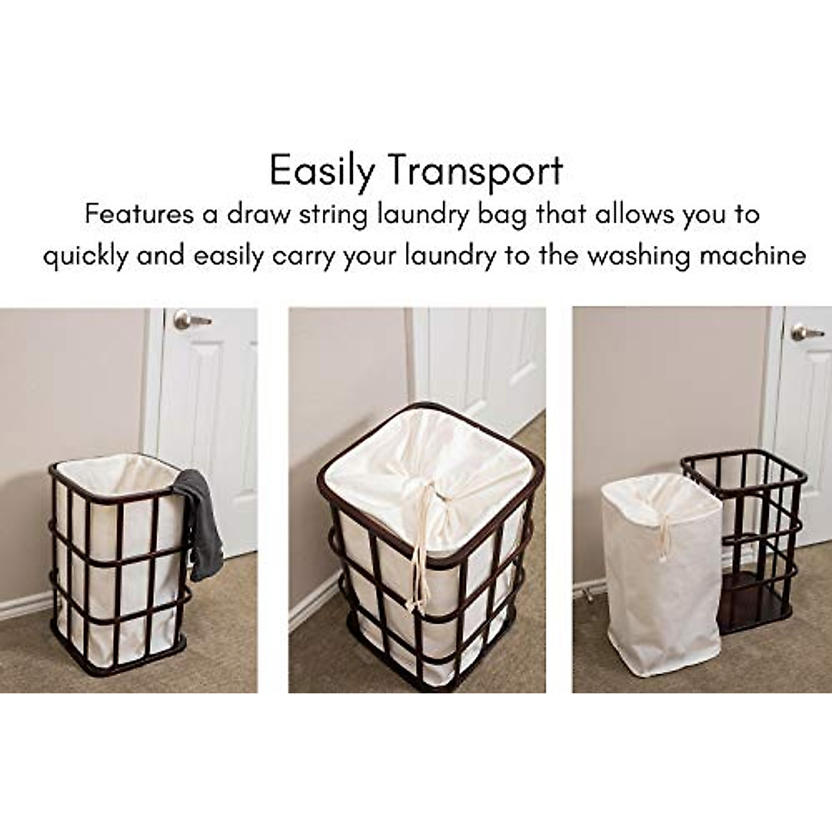 BirdRock Home Modern Square Laundry Hamper and Removable Laundry Bag - Dark Brown Bamboo - Easily Transport Laundry - Baby Dirty Clothes Bin Sorter Basket - Laundry Bag with Draw String