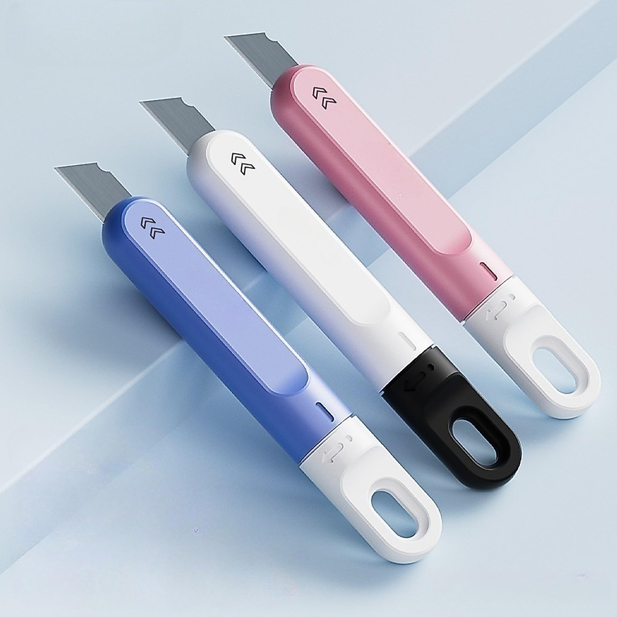 3 PCS Box Cutter, Small Utility Knife, Box Cutter for Women Rotate to Retract Box Opener, Retractable Box Cutter, Package Opener, Box Cutters for Home Office Travel and DIY(3, Pink, Blue, White)