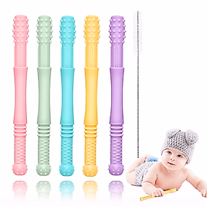 Baby Teething Toys for 0-6 Months 6-12 Months, Hollow Teething Tubes, Silicone Baby Teether Toys, Teething Straw Sticks for Babies, Chew Straw Newborn Toys for Infants with a Cleaning Brush (5 Packs)