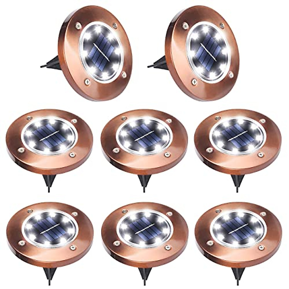 JHBOX Solar Pathway Lights, 8 LED Outdoor Waterproof Landscape Path Solar Ground Lights, Disk Lights for Path, Garden, Driveway, Winter Holiday Decor Christmas Lights (Cold White Light, 8 Pack)