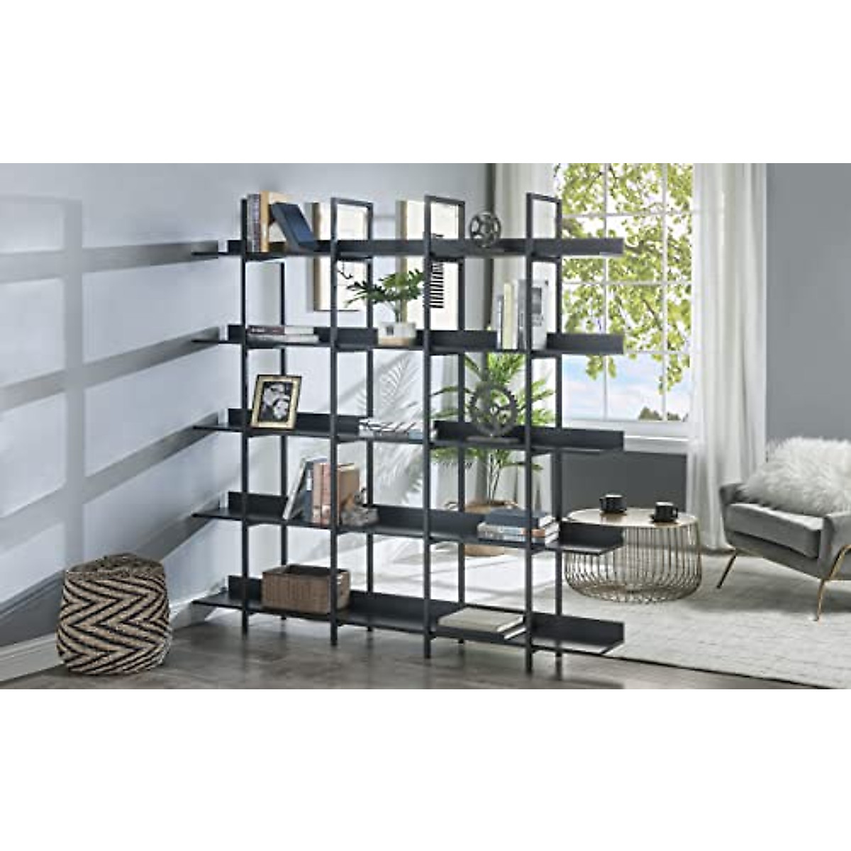AWQM Triple Wide 5-Tier Bookshelf, Vintage Bookcases and Bookshelves with Metal Frame & Back Fence,Wall Mounted Wood Shelves Open Display Shelves for Living Room Bedroom Home Office,Black