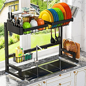 ADBIU 【Fit Sink 24.5"- 32" L】 2023 Version Over Sink Dish Drying Rack (Expandable Dimension) Snap-On Design 2 Tier Large Kitchen Dish Rack Stainless Steel Counter Organization and Storage