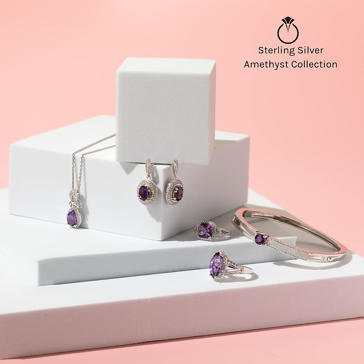 PEORA Amethyst 3-Stone Ring for Women 925 Sterling Silver, Natural Gemstone, 1.75 Carats Round Shape 8mm, Size 5