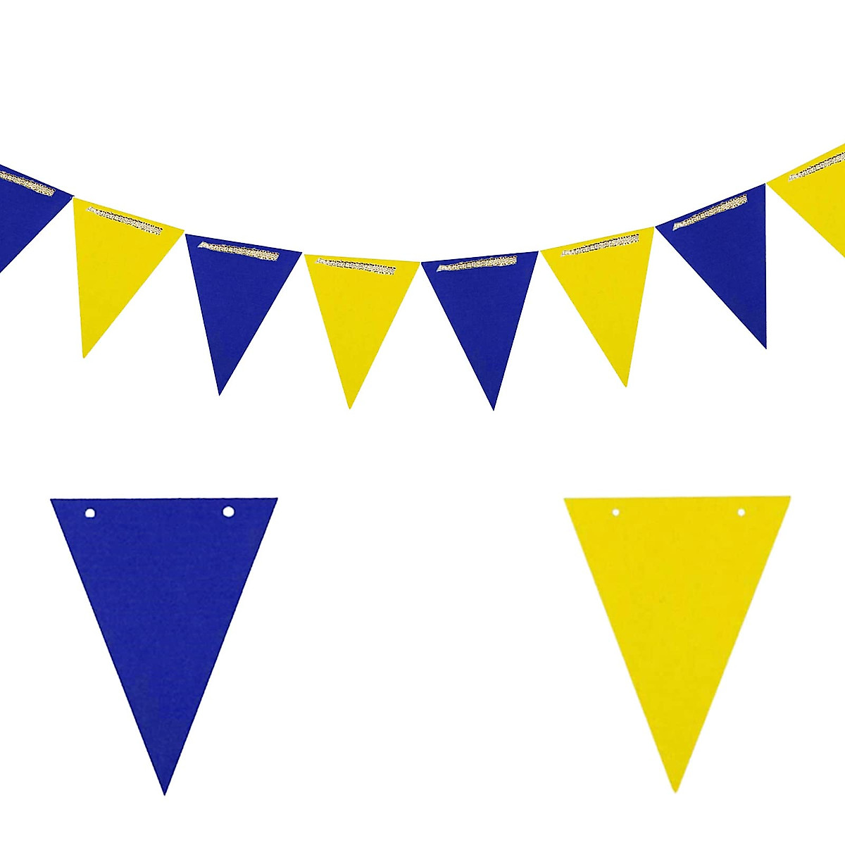 20 Feet Double Sided Navy Blue and Yellow Glitter Pennant Banner - Paper Triangle Flags Bunting - Party Decoration Supplies - Great for Birthday, Wedding, or Any Parties Events