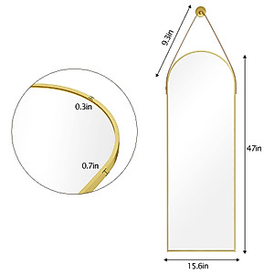 HARRITPURE 16"x48"Arched Mirror with Hanging Leather Strap Full Length Mirror Aluminum Frame Wall-Mounted Arch Mirror Hanging Mirrors for Bathroom Vanity Living Room Bedroom Entryway, Gold