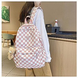 Checkerboard Light Academia Aesthetic Backpack for Teen Girls Cute Plaid Preppy Backpack with Plushies School Bag (D)