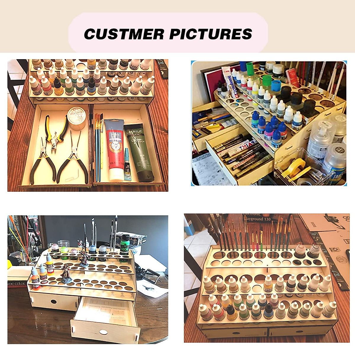 WFLAY Wooden Paint Rack With 80 Holes For Storing Paints Brushes