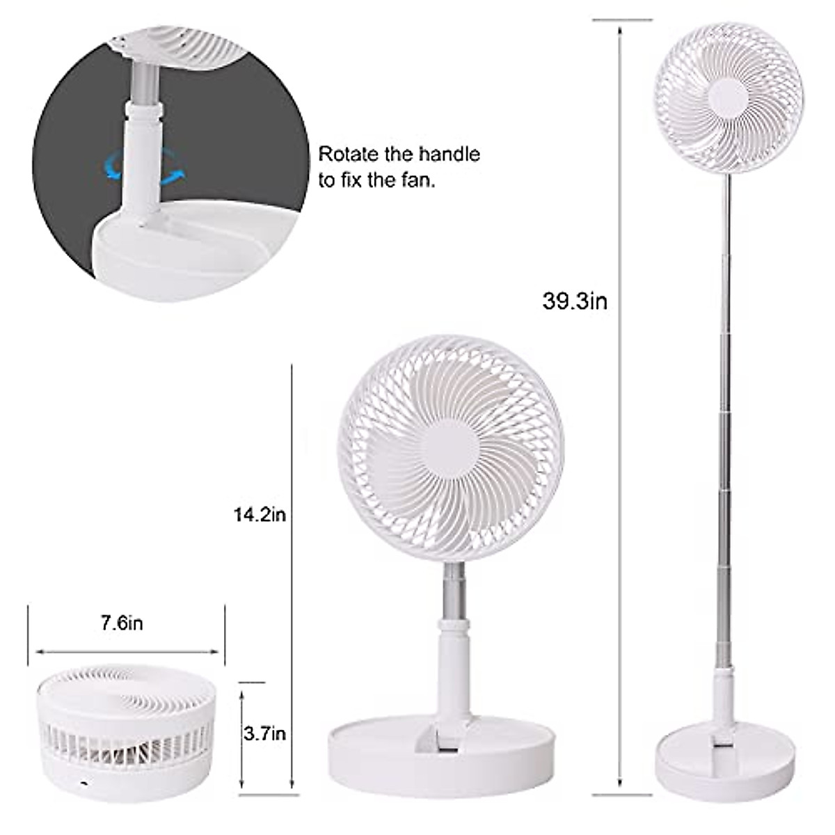 Portable Desk Fan,Foldable Fan Pedestal Stand Floor Fan Adjustable Height from 14.2 inch to 39inch, 4 Speeds & Time Settings, 7200mAh Rechargeable Battery Telescopic Oscillate USB Charging (WHITE)