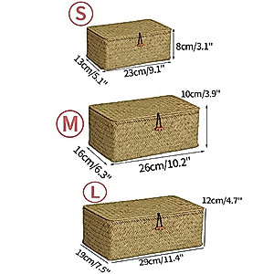 Seaweed Storage Basket Handwoven Storage Box with Lid Cosmetic Storage Box Laundry Basket Wicker Basket Storage Basket Box Wicker(L,Khaki)