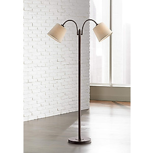 360 Lighting Seneca Modern Standing Floor Lamp 56" Tall Dark Bronze Brown Twin Arm Adjustable Gooseneck Neutral Cotton Drum Shade for Living Room Reading House Bedroom Home