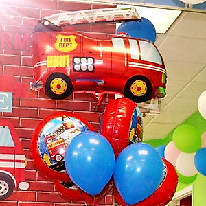 FXBLING 2 Pcs Jumbo Fire Truck Foil Mylar Balloon Helium Large Birthday Party Decorations Supplies Red