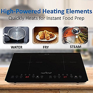 NutriChef Double Induction Cooktop - Portable 120V Digital Ceramic Dual Burner w/ Kids Safety Lock - Works with Flat Cast Iron Pan,1800 Watt,Touch Sensor Control, 12 Controls - PKSTIND48, Black