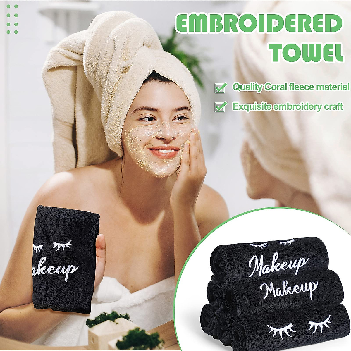 45 Pcs Makeup Remover Towels 13 x 13 Inches Reusable Makeup Wash Cloth Facial Cleansing Cloths Face Towel Washcloths with Embroidery for Hand and Make Up (Black with White Embroidery)