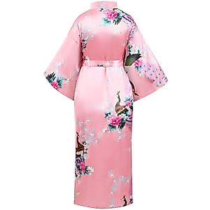 Heone Japanese Long Kimono Satin Peacock Printed Lightweight Cardigan Jacket Coat Loose Yukata Cloak Bathrobe Tops folding fans Tabi Socks Set(Coralred XL-5XL)