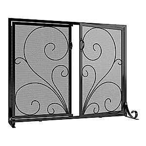 Calidola Flat Fireplace Screen with Doors,Solid Wrought Iron Frame with Metal Mesh, Flat Panel Decorative Fireplace Screen with Scroll Design, Free Standing Spark Guard