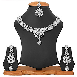 Touchstone Indian Bollywood enchanting floral diamond studded look white Rhinestone embellished bridal designer jewelry necklace set for women in white tone