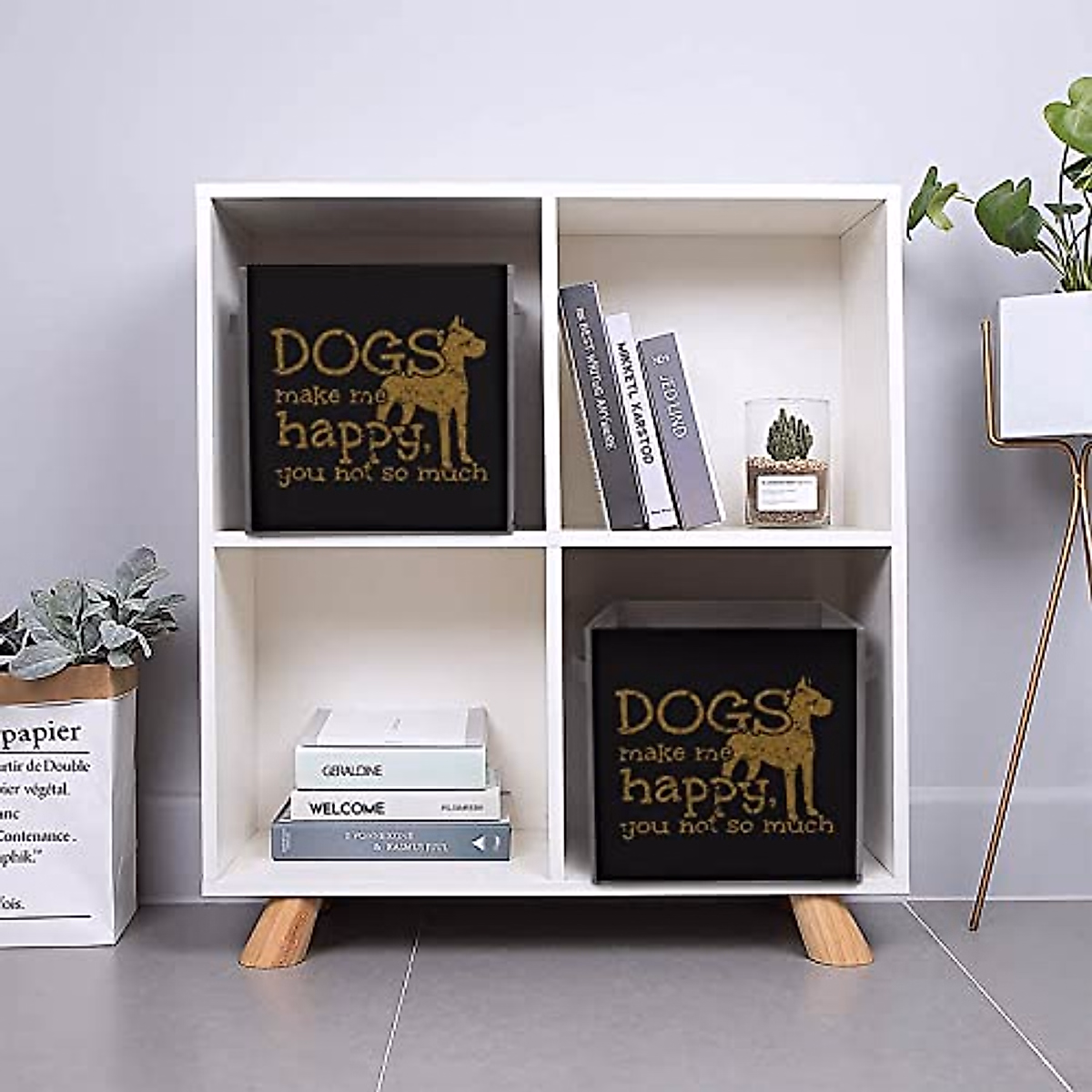 Dogs Make Me Happy PU Leather Collapsible Storage Bins Canvas Cube Organizer Basket with Handles