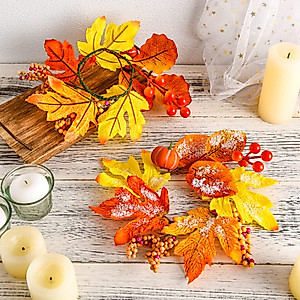 6 Pcs Fall Candle Rings Wreaths Thanksgiving Artificial Pumpkin Maple Leaf Candle Garland with Berries Candle Rings for Pillars Autumn Wedding Parties Centerpieces Fall Table Decor