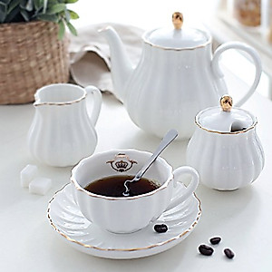 Porcelain Tea Sets British Royal Series, 8 OZ Cups& Saucer Service for 6, with Teapot Sugar Bowl Cream Pitcher Teaspoons and tea strainer for Tea/Coffee, Pukka Home (Pure White)