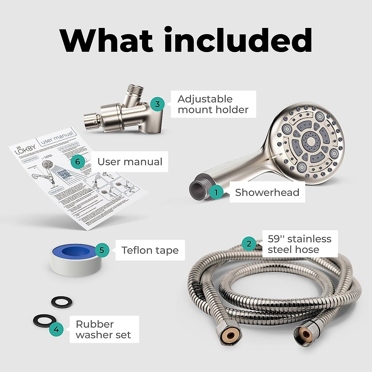 LOKBY Water Saving High Pressure Shower Head with Handheld Set - Detachable Rain Shower Head Set 6-Mode for Low Flow - Removable Hand Held Shower Head with Hose 59'' - No Tool 1-Min Install - Nickel