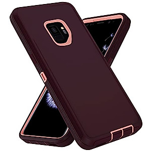 Annymall for Samsung Galaxy S9 Case with Screen Protector, Full Body Heavy Duty Shockproof Drop-Proof Phone Case Rugged Triple-Layer Defender Protective Cover for Samsung Galaxy S9 (Wine/Pink)