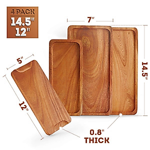 Serving Tray and Platter (Set of 4)(14.5’’x7’’X0.8 and 12’’x 5’’x0.8) Solid Natural Wood for Food Holder/BBQ/Party Buffet, Avoid Sliding Spilling Food with Easy Carry Grooved Handle Design