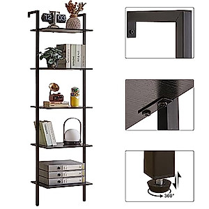 YMYNY 5 Tiers Narrow Ladder Bookcase, Industrial Wall Mounted Bookshelf, Open Display Rack with Metal Frame, Wooden Storage Shelves for Bedroom, Home Office, Living Room, Black, 70*17.3*11.8"UHBC015B
