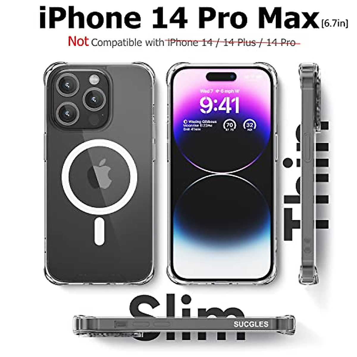SUCGLES for iPhone 14 Pro Max Case, Compatible with MagSafe, Shockproof Military Grade Protection, Non-Yellowing, Strong Magnetic Slim Phone Cover for Apple 14 Pro Max (A-Mag Safe Clear Bumper)