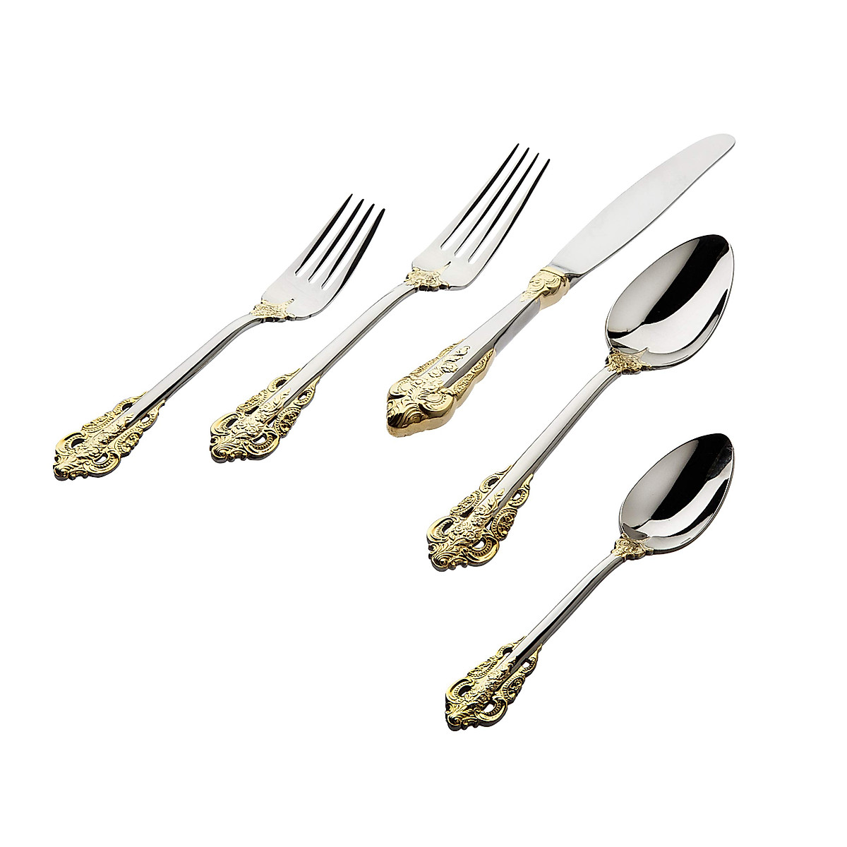 Godinger Flatware Silverware Set 18/10 20th Century Baroque - Silver Gold - 20 Pc