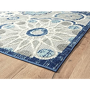 Abani Contemporary Design 4' x 6' Blue & Grey Floral Area Rug Rugs - Unique Non-Shed Modern Flower Print Indoor/Outdoor Rug
