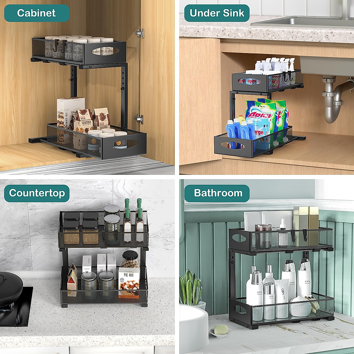 Housolution 2 Pack Under Sink Organizer, 2 Tier Metal Pull Out Under Sink Storage with Sliding Mesh Drawers, Height Adjustable Slide Out Under Sink Organizer for Kitchen Bathroom Cabinet, Black