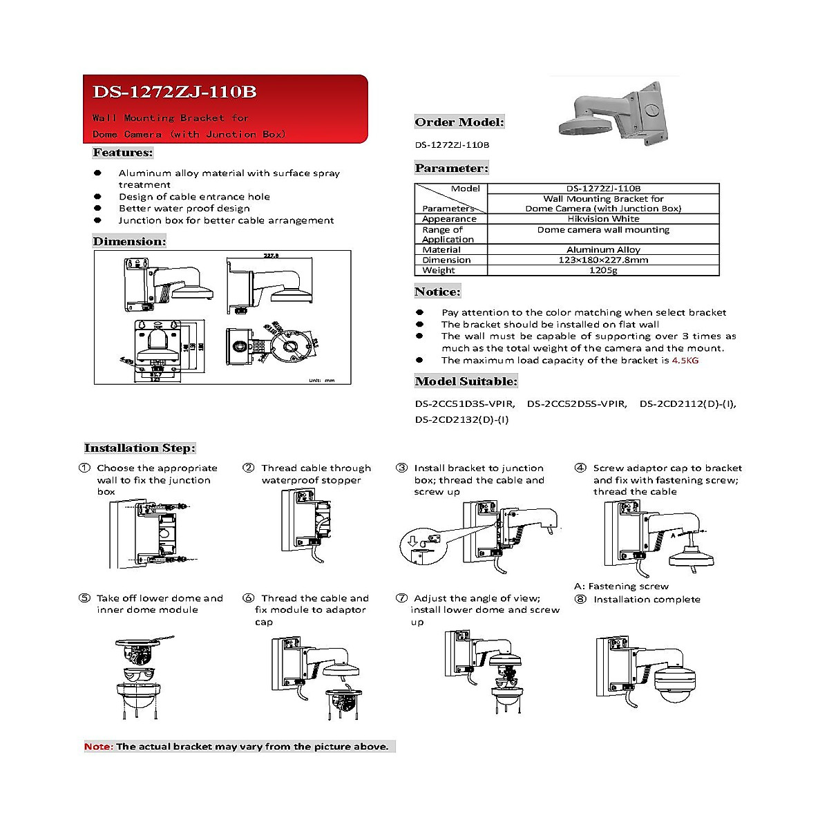 WMS WML PC110B DS-1272ZJ-110B Wall Mount Bracket for Hik-Compatible Dome Camera DS-2CD2142FWD-I (1 Pack)