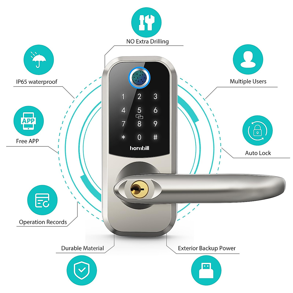 Fingerprint Smart Door Lock with Handle - Hornbill Keyless Entry Door Lock with Lever - Smart Electronic Digital Front Door Keypad - Auto Lock Code App Fob Alexa for Apartment Office - Silver