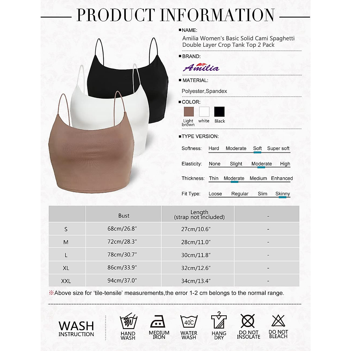 Amilia Women's Basic Solid Cami Spaghetti Double Layer Crop Tank Top (Black&White&Light Brown, M)