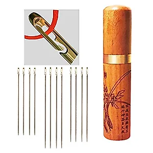 self Threading Needles, Needle Threader with Needle case Carving Pattern Golden 12 Pack