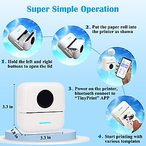 Vicbear Mini Portable Printer, Inkless Sticker Printer with 12 Rolls Paper, Mini Thermal Printer for Notes/Photos/Stickers/Labels/Receipts, Pocket Printer for iPhone, Android Phone & Tablet, White